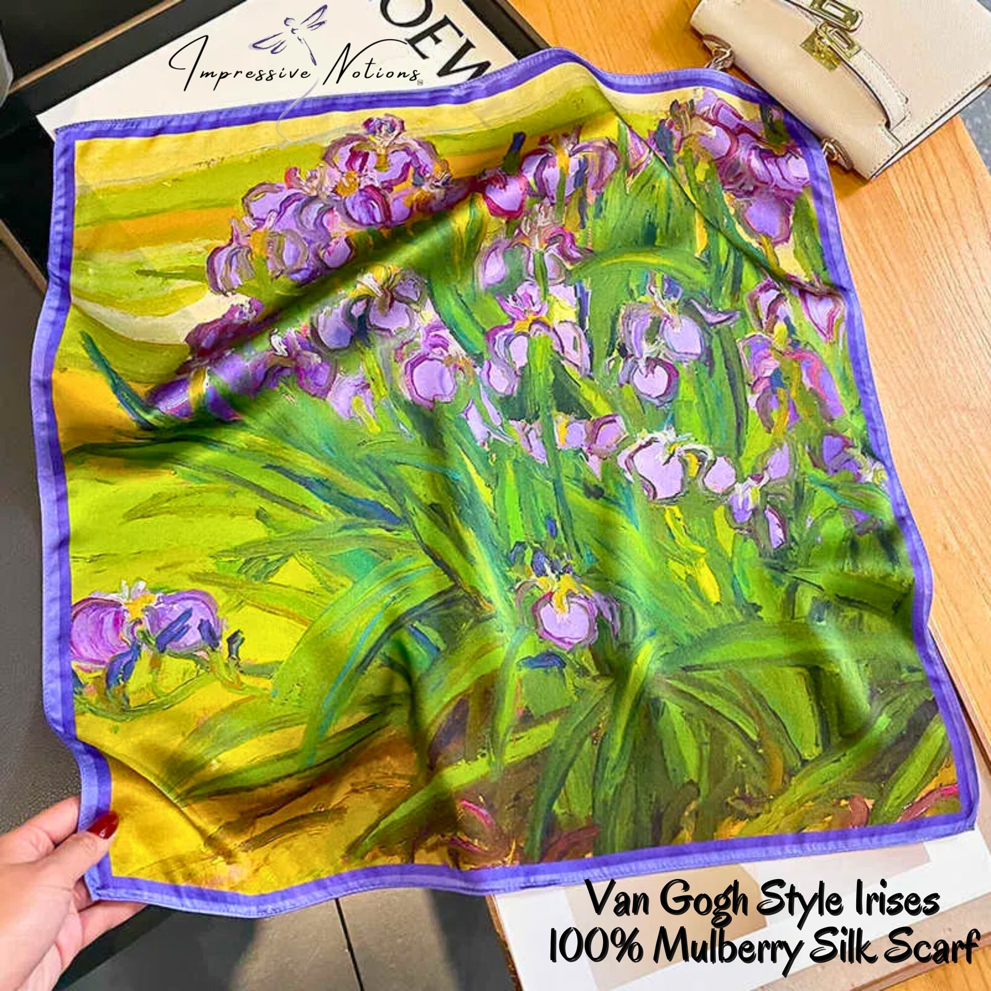 100% Mulberry Silk, Van Gogh-style Irises Scarf. Floral Teal Headband ...