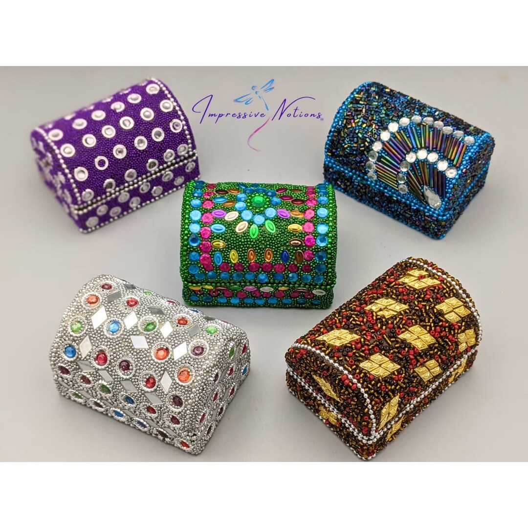 Hand Beaded Mini Trinket Chest. Bejeweled Jewelry Box W/ Velvet Pouch ...