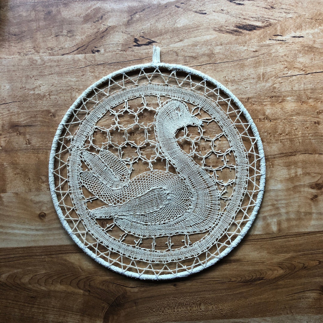 Vintage Boho Embroidery Hoop Round Loom Duck Swan Crochet Fiber Art ...
