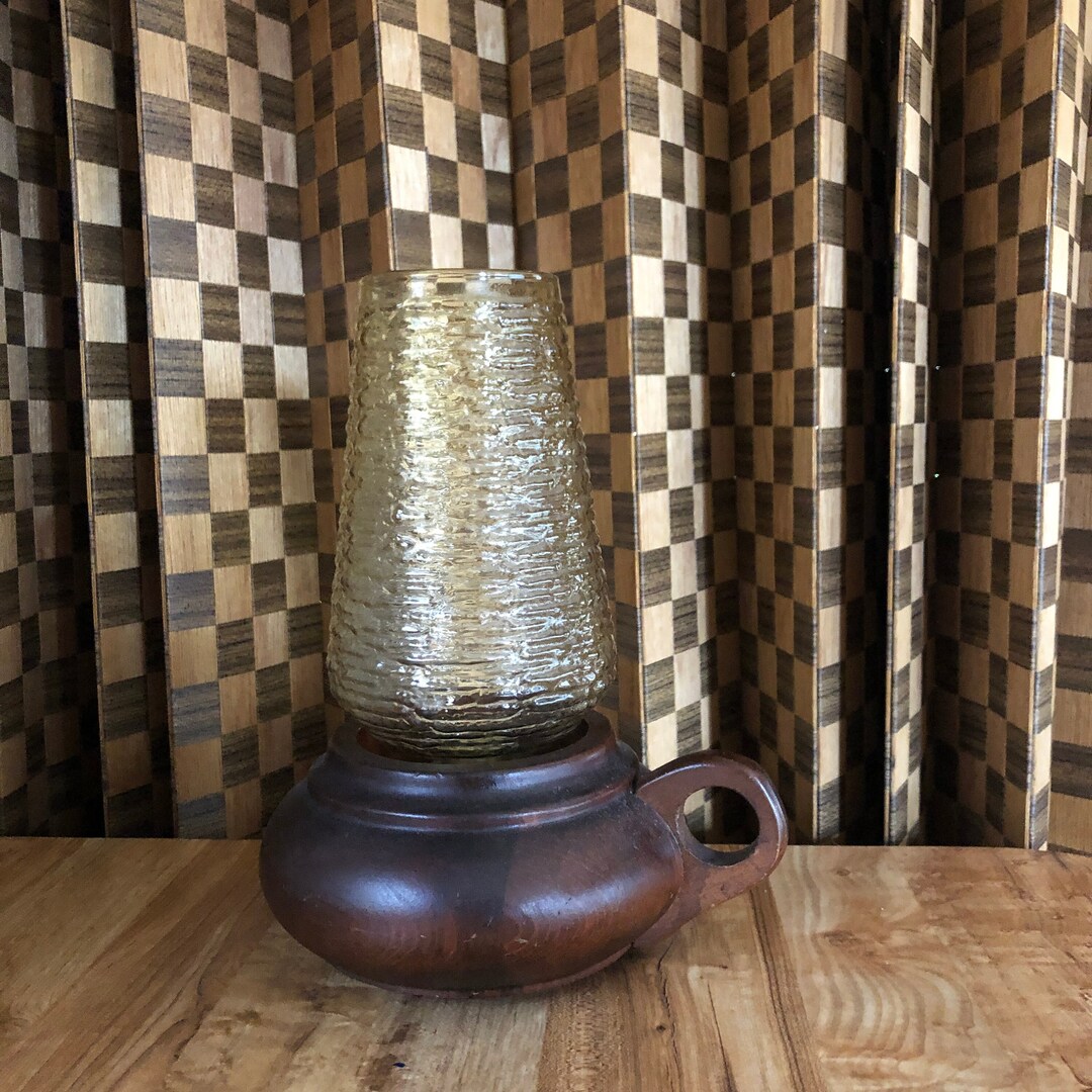 Vintage Wood Candle Stick Holder With Amber Glass Chimney - Etsy