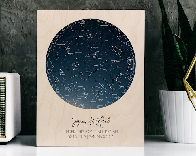 Custom Star Map Constellation Print on Wood, Night Sky Map Print ...