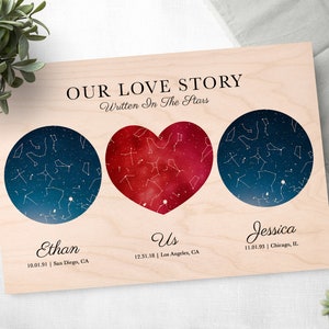 Personalized Star Map 3 Location Print on Wood Valentines Boyfriend ...