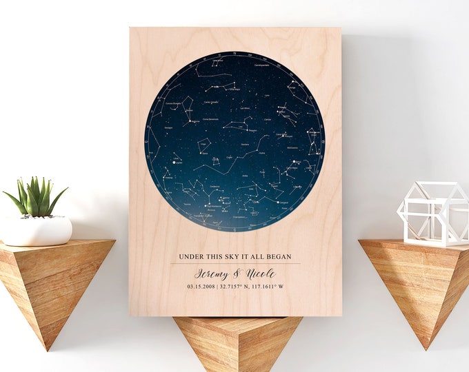 Star Map on Wood, Personalized Constellation Map, Custom Night Sky ...