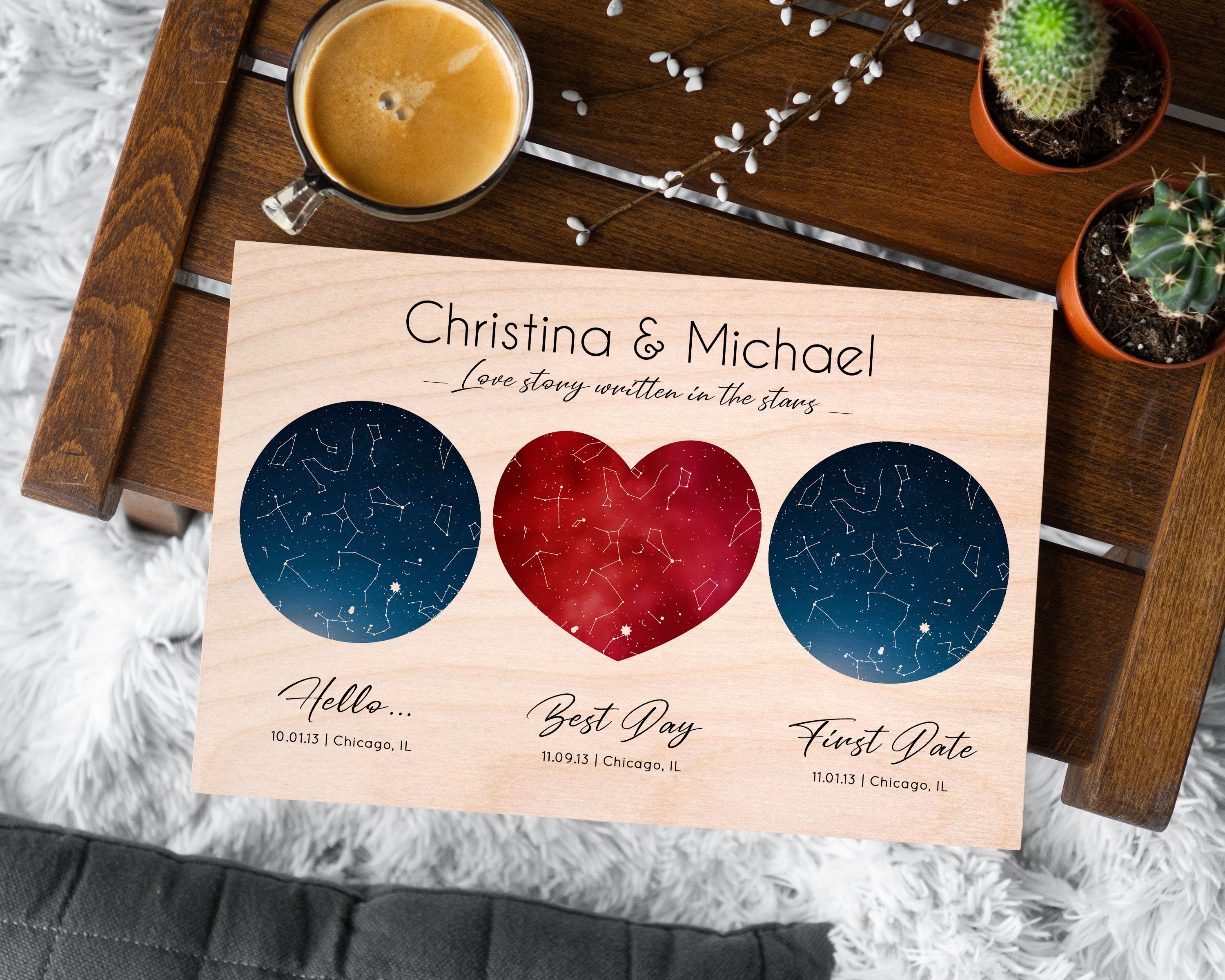 3 Location Night Sky Star Map Custom Constellation Print on Wood Met ...