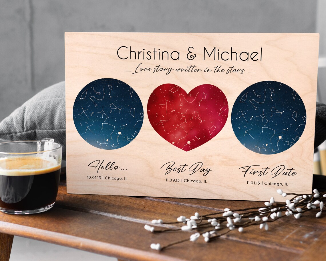 3 Location Night Sky Star Map Custom Constellation Print on Wood Met ...