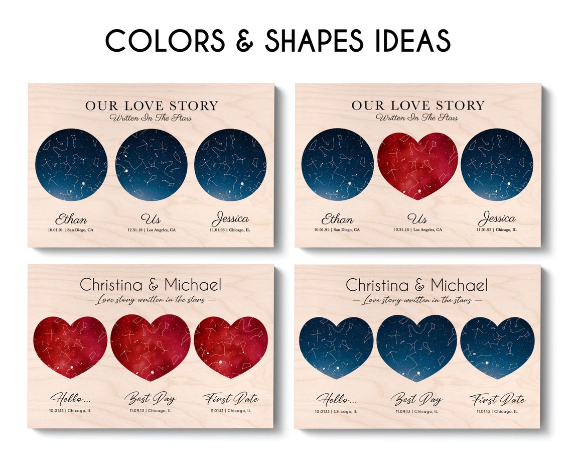 Personalized Star Map 3 Location Print on Wood Valentines | Etsy