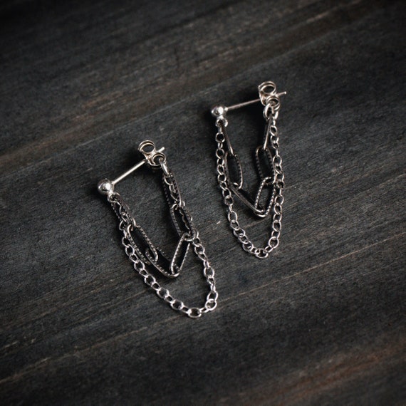 Drop Chain Earrings/sterling Silver Chain Stud Earrings/edgy - Etsy