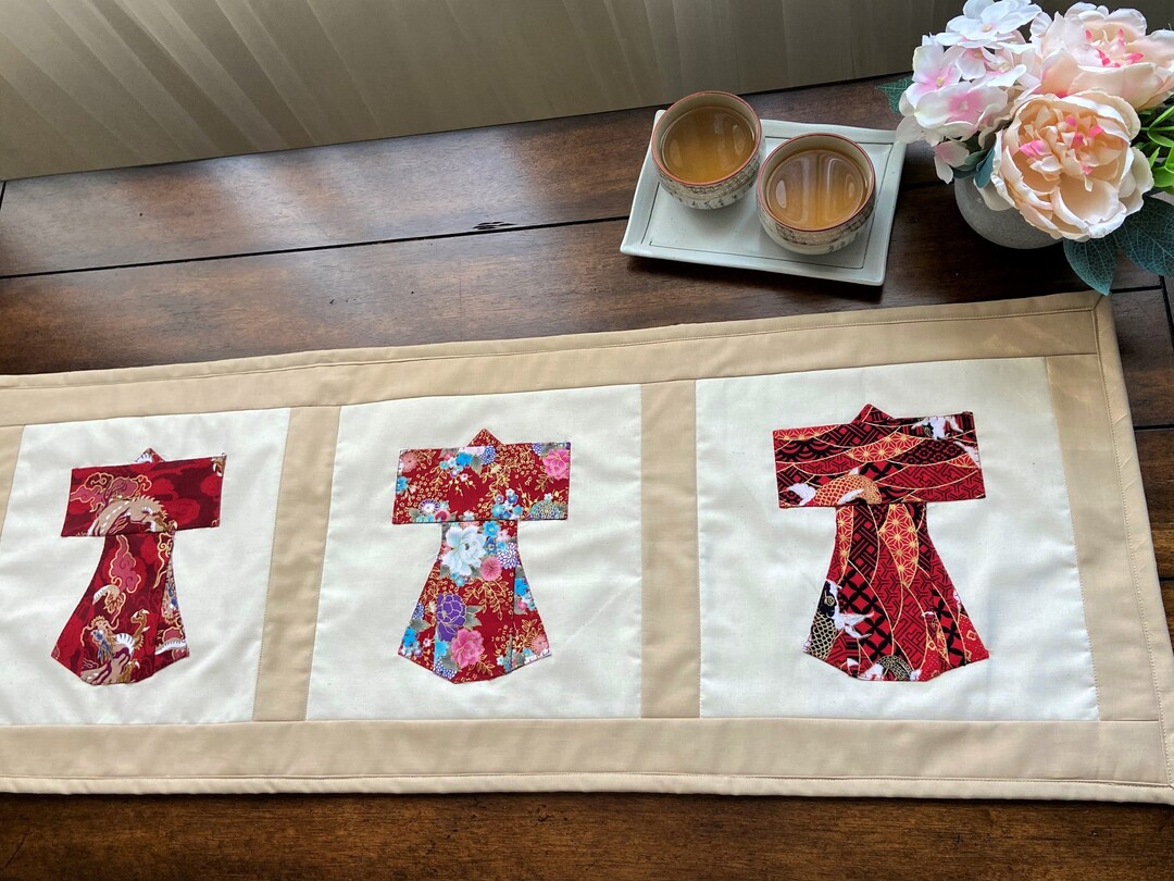 Kimono Table Runner – Red Kimono Are Handmade Appliques - Japanese ...