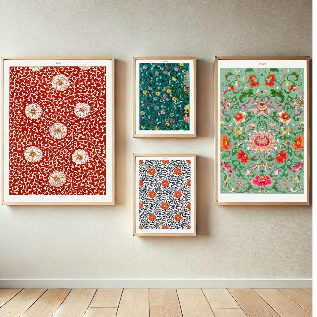 Vintage Pattern Gallery Wall Art Print Set of 4, Printable Floral ...