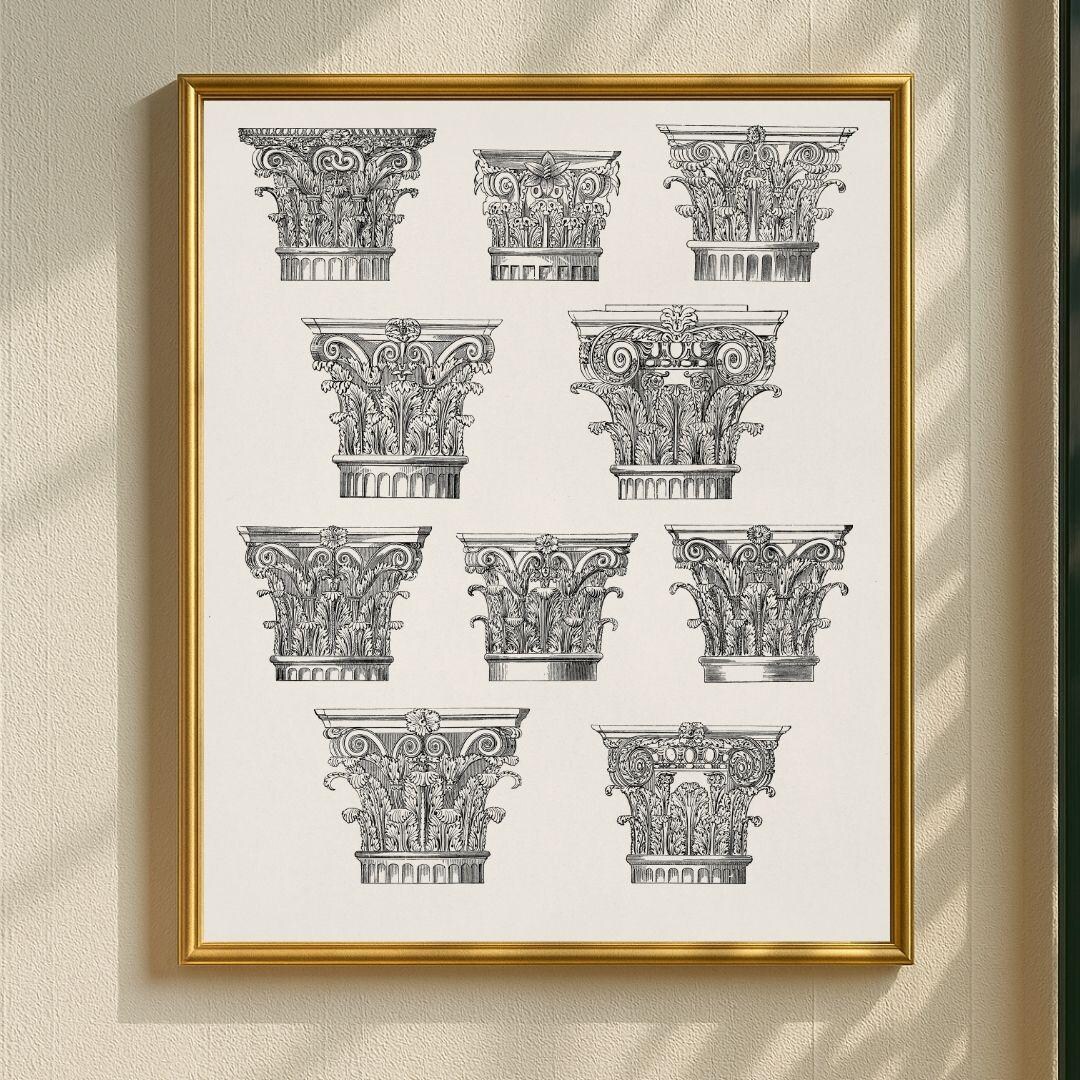 Antique Column Tops Wall Art Print, Architectural Gothic Column ...