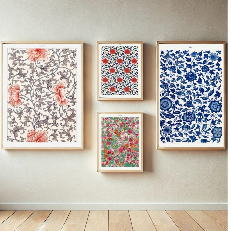 Vintage Pattern Gallery Wall Art Print Set of 4, Floral Pattern Wall ...