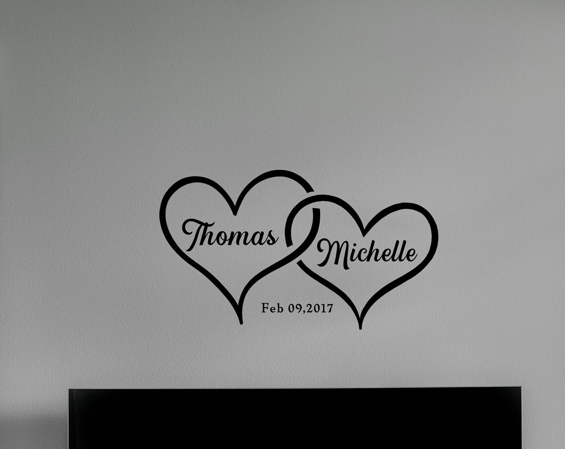 Personalized Two Hearts joined with names vinyl wall decal | Etsy