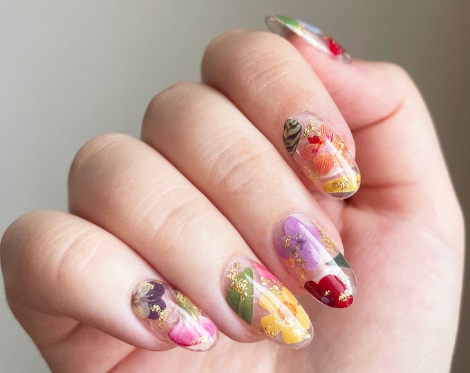 Reusable Pressed Dried Flowers Press-on Nails clear Base Gold/silver ...