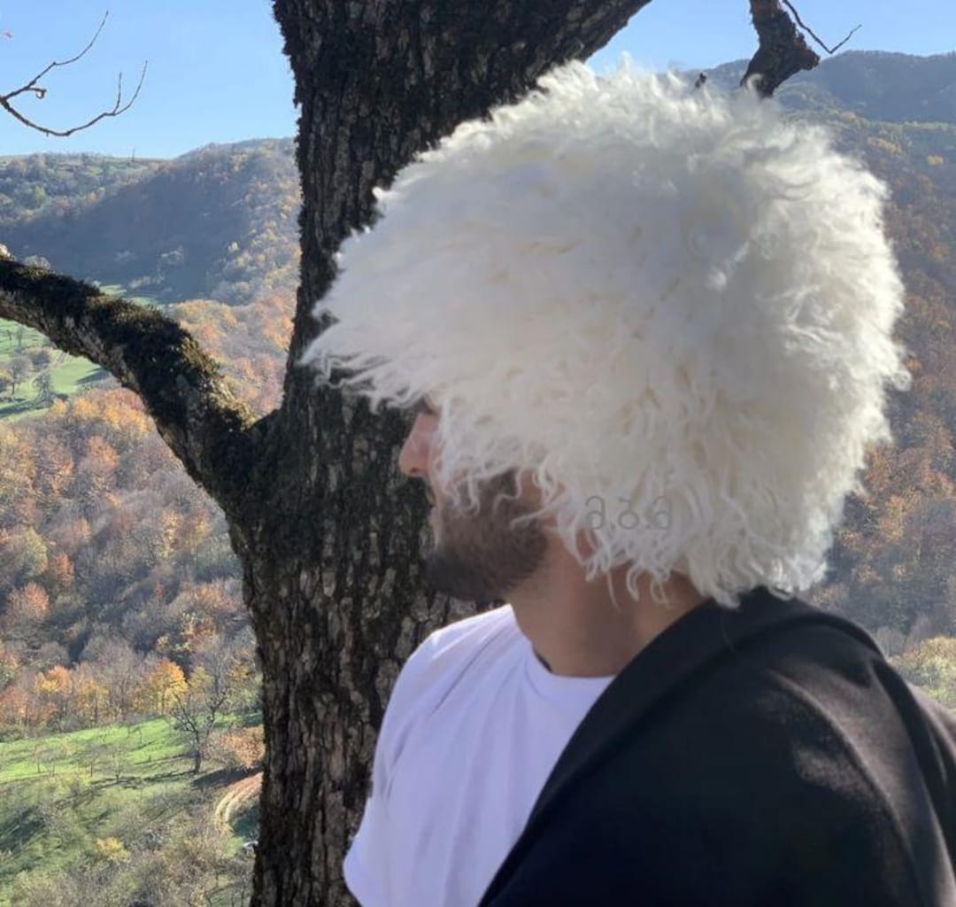 White Genuine Handmade Sheepskin Papakha Hat Caucasus Mountain Man Army ...