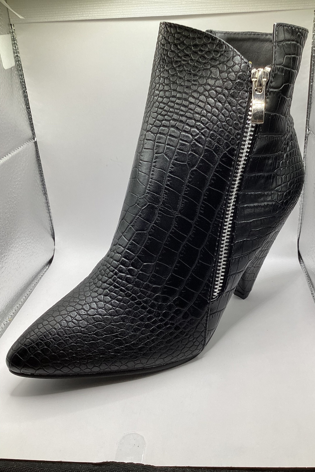 Womens Black Faux Leather Mock Croc High Heel Ankle Boots Size - Etsy UK