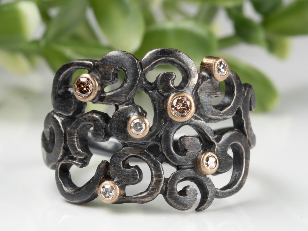 Silver Swirl Arabesque Ring, Random Full Bezel Set Diamonds, Women's Black Silver Rings With ...