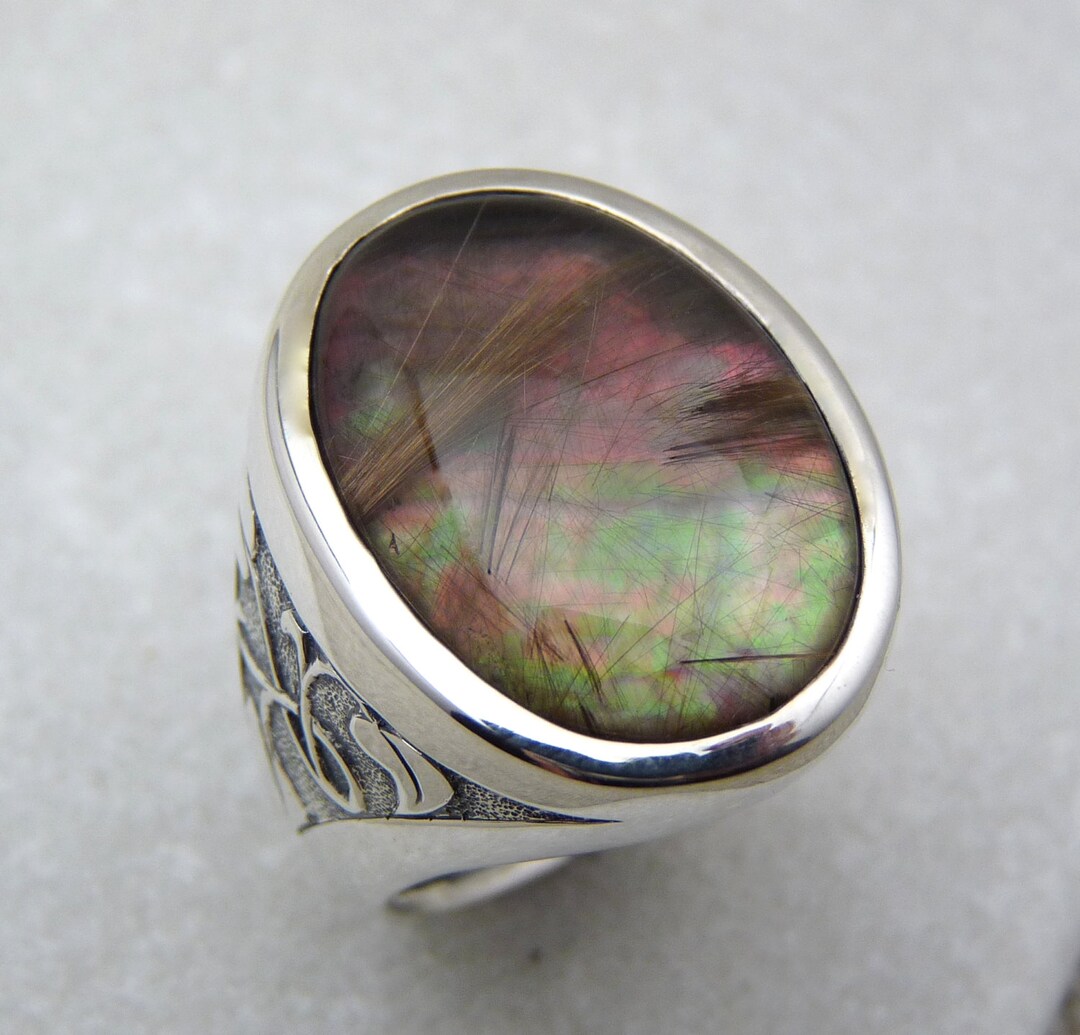 Art Nouveau Engraved Silver Ring, Black Silver Engravings, Rutilated ...