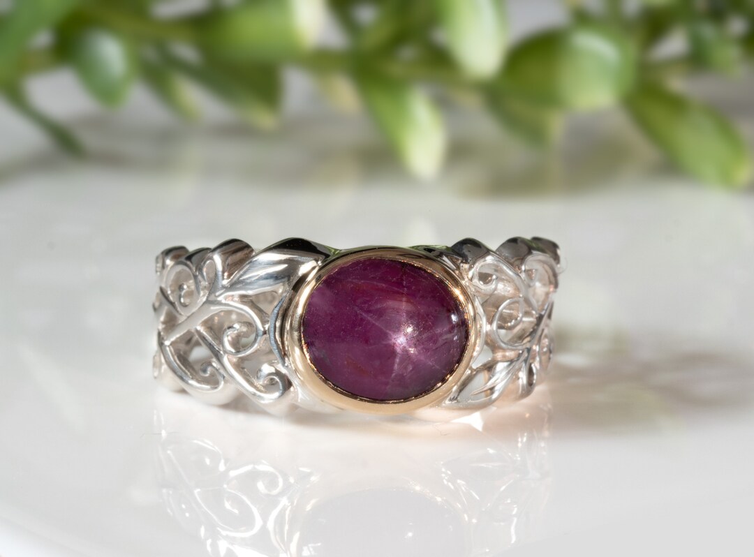 Star Ruby Ring, Star Ruby Silver and 14K Gold Ring, Arabesque Swirl See Through Precious ...