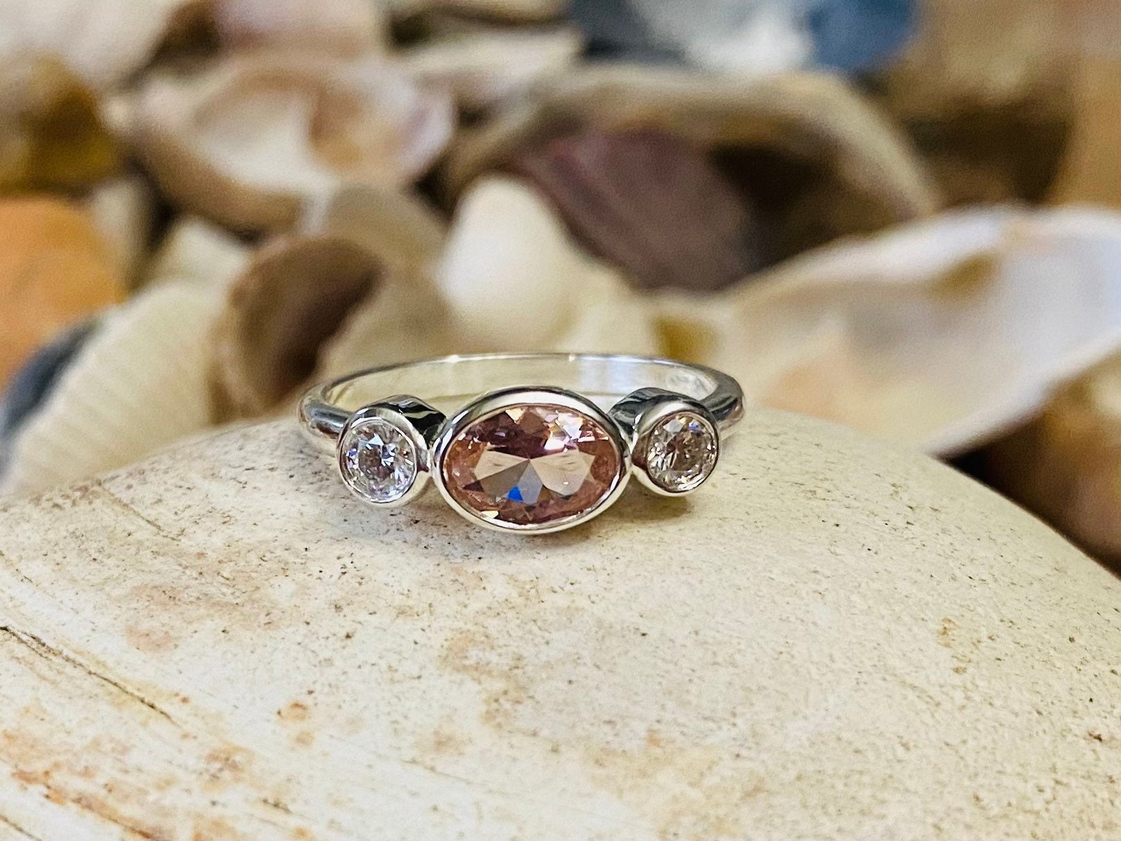 Three Stone Ring Three Stone Bezel Ring Morganite Ring Oval | Etsy