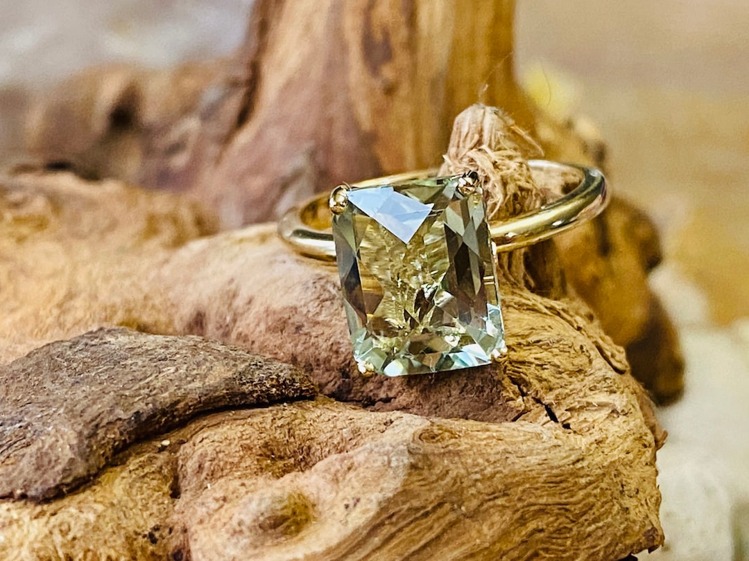 14k Gold Radiant Cut Prasiolite Ring, Green Amethyst Ring, Checkerboard ...