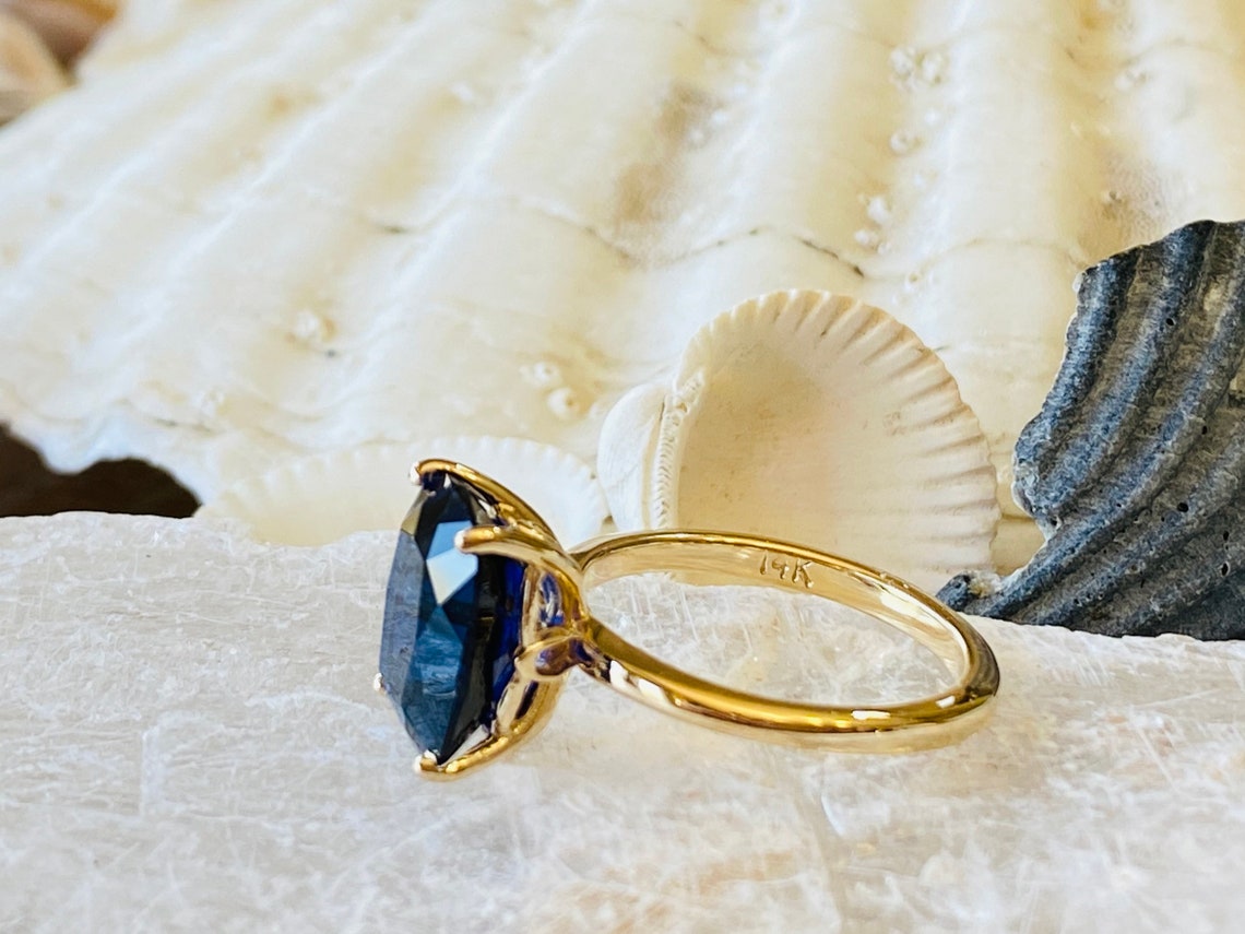 14k Gold Sapphire Ring Sapphire Engagement Ring Elongated | Etsy