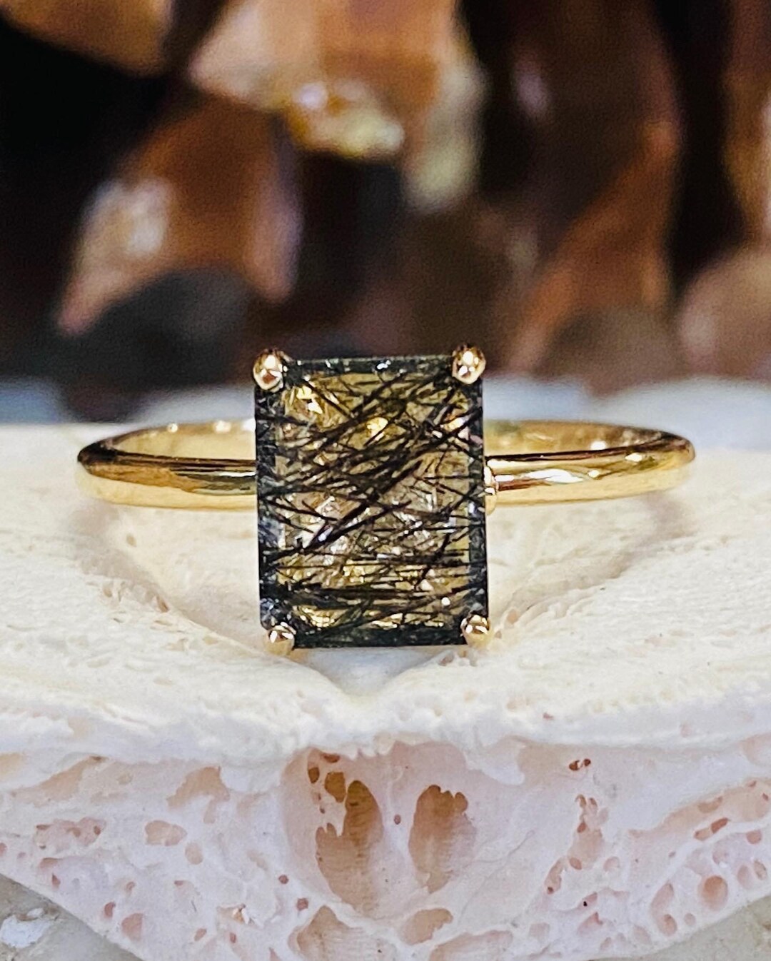Black Rutilated Quartz Ring, Tourmalinated Quartz Ring, Emerald Cut ...