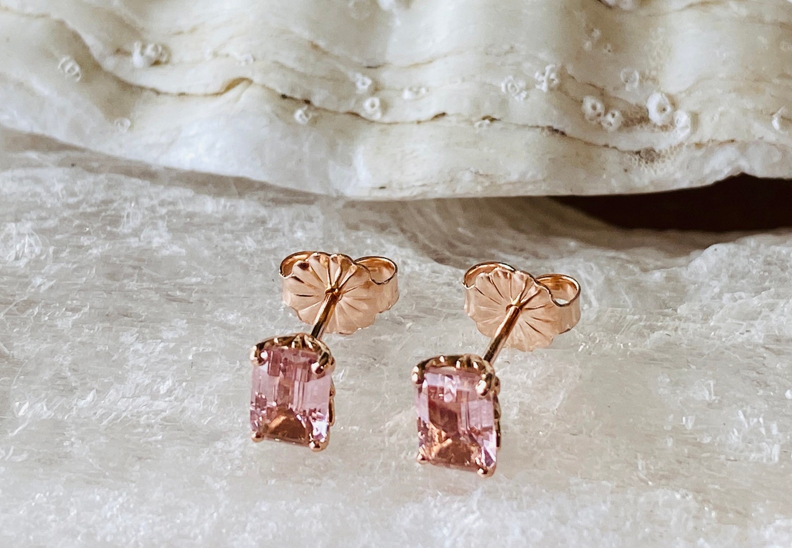 Emerald Cut Morganite Earrings, Morganite Stud Earrings, Gold Morganite Earrings, Silver ...