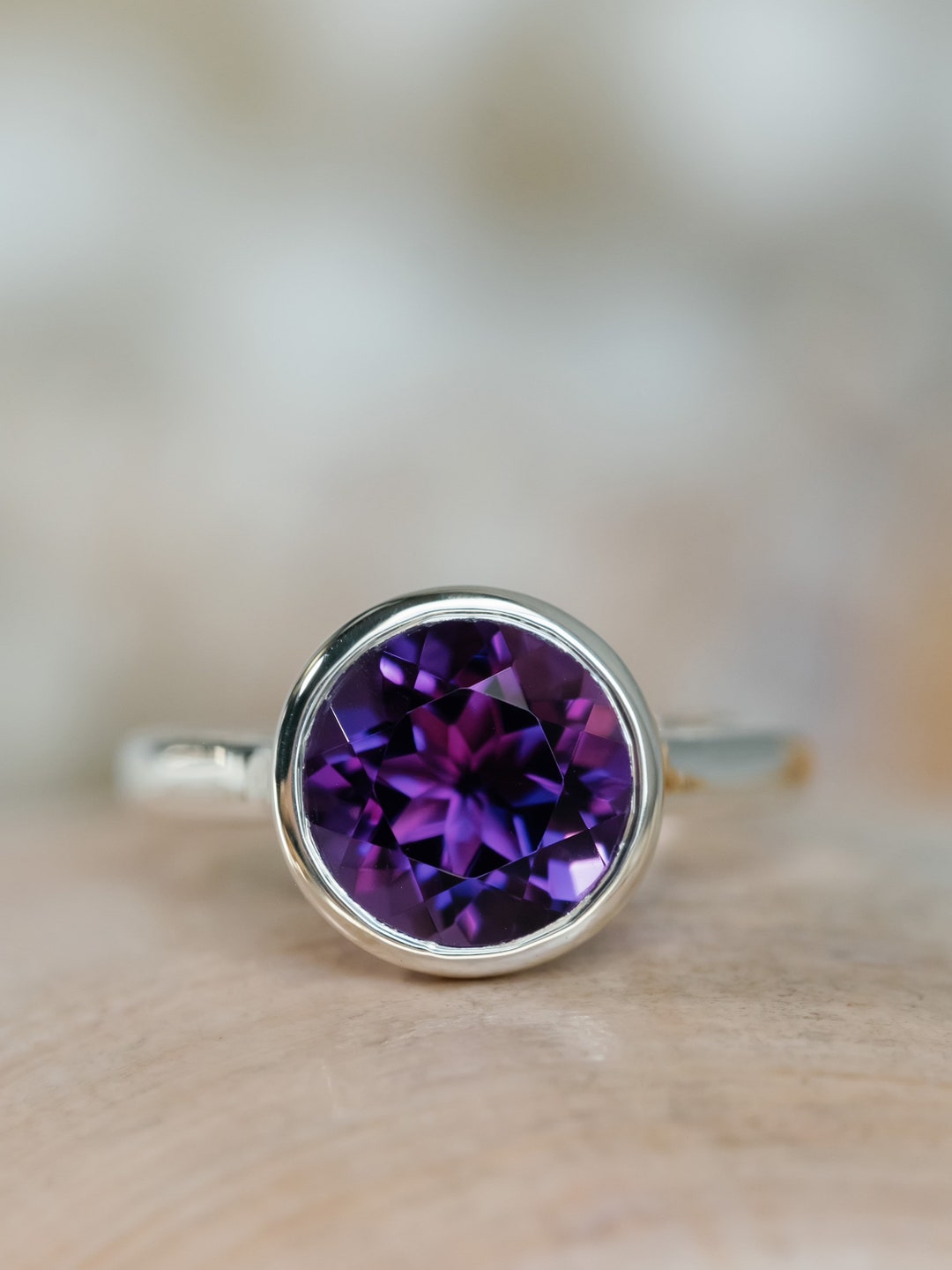 Amethyst Ring, Natural Amethyst Ring, Round Bezel Amethyst Ring, Bezel ...