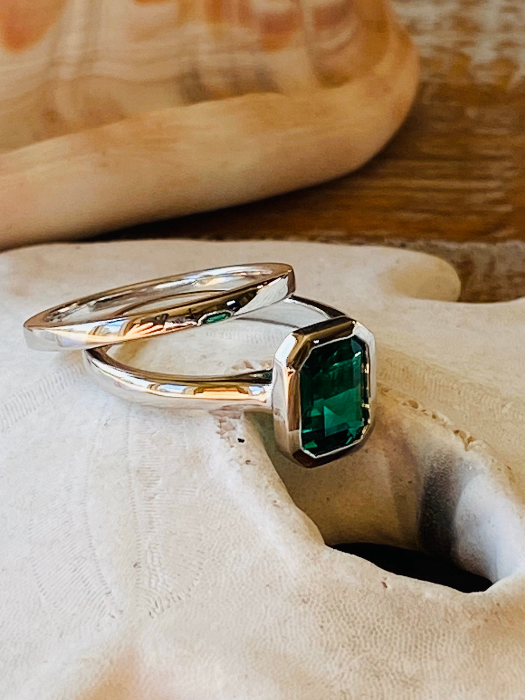 14k Emerald Ring Green Emerald Bezel Ring Emerald Cut Bezel | Etsy
