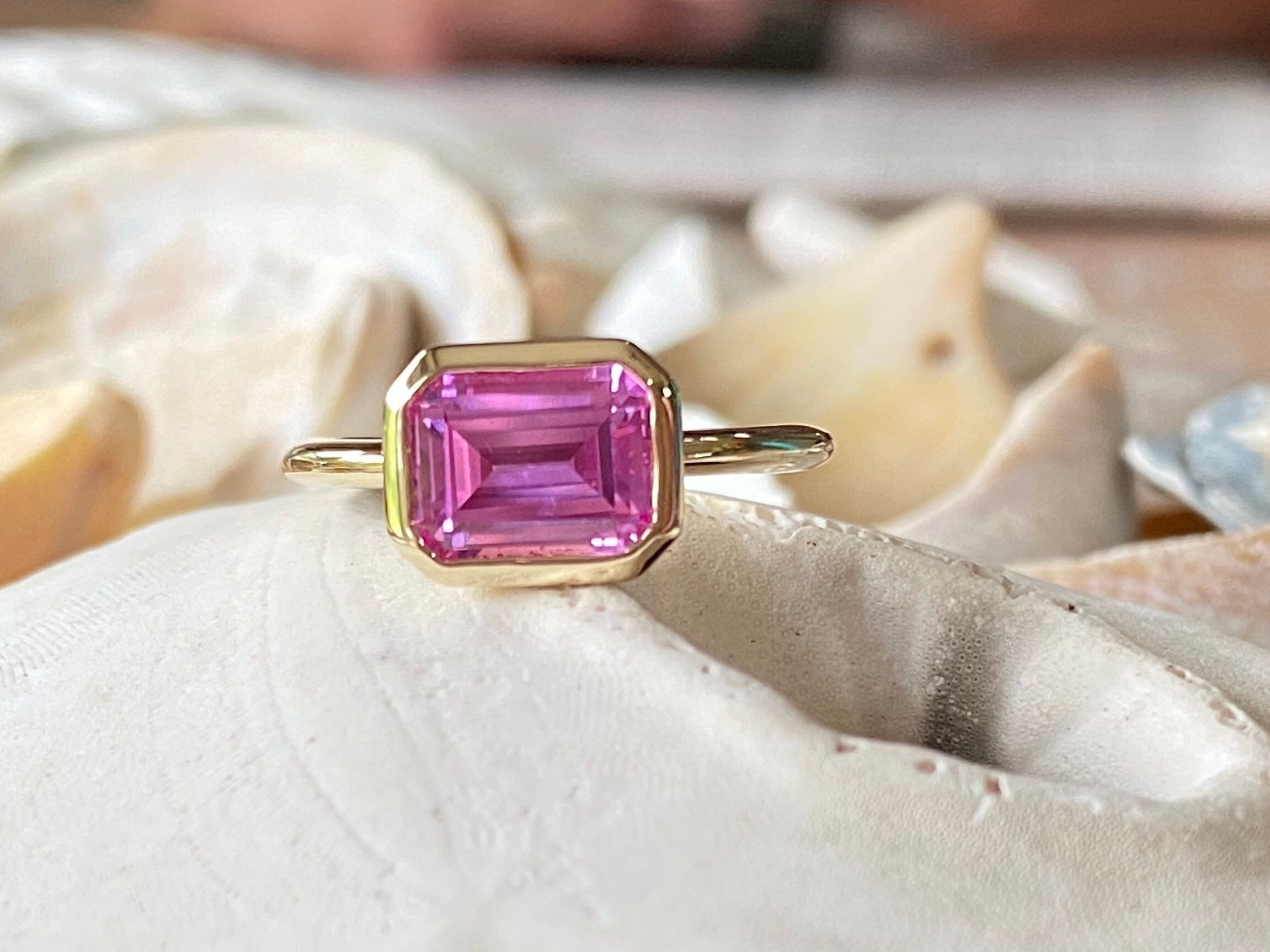 Pink Topaz Ring Gold Topaz Ring Emerald Cut Topaz East West - Etsy
