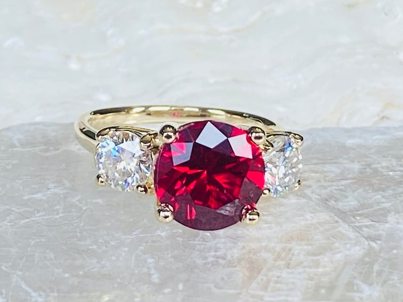 14k Ruby Three Stone Engagement Ring, Round Three Stone Engagement Ring ...