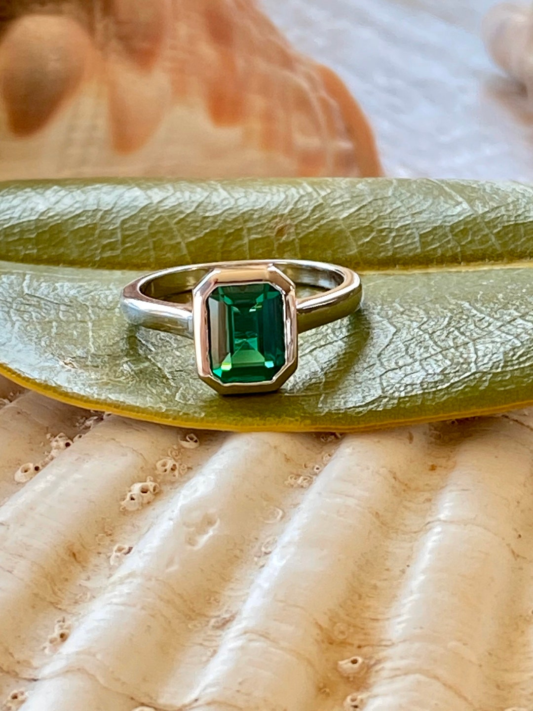 14k Emerald Ring, Green Emerald Bezel Ring, Emerald Cut Bezel Ring ...