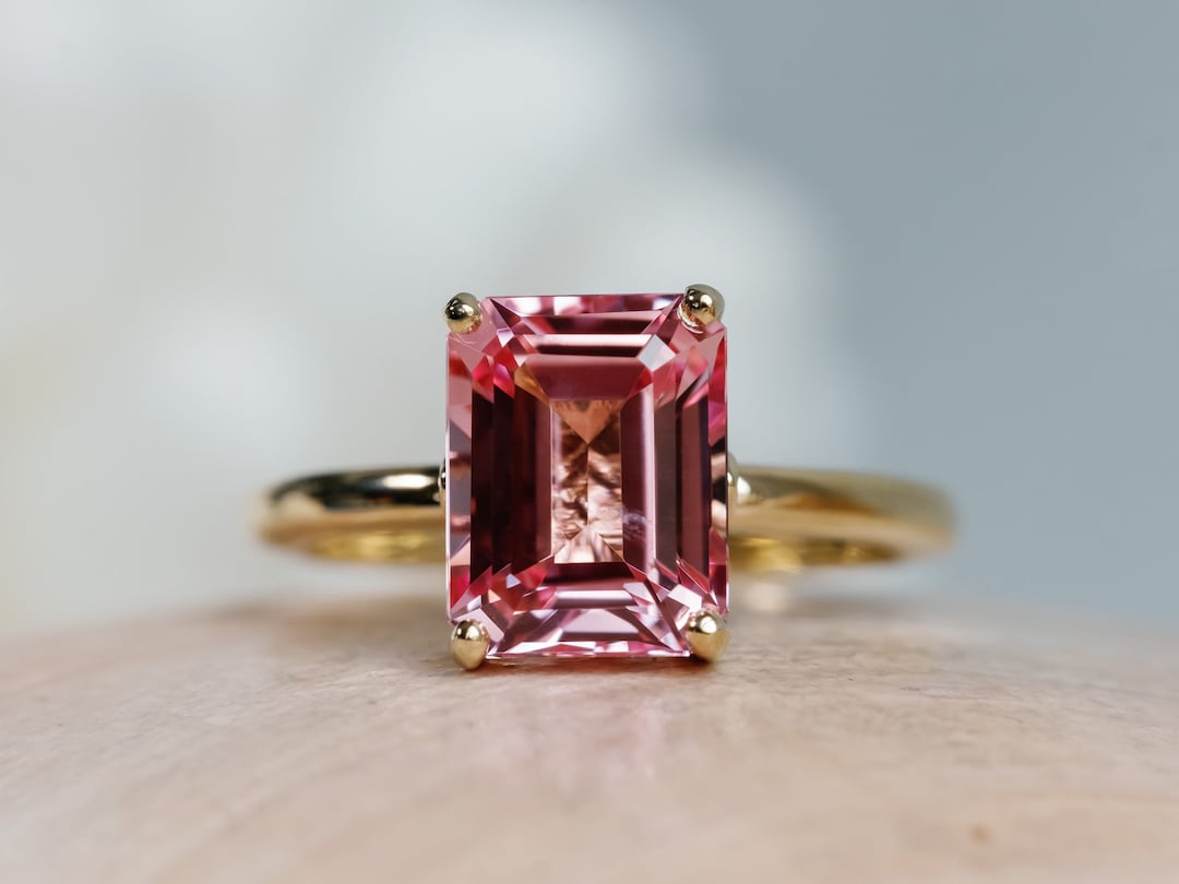 14k Padparadscha Sapphire Ring, Emerald Cut Pink Sapphire Ring, 3 Carat ...