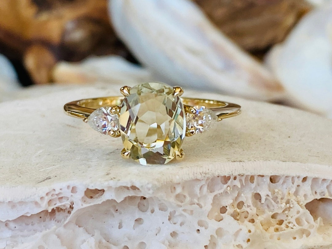 14k Prasiolite Ring, Green Amethyst Ring, Three Stone Prasiolite Ring ...