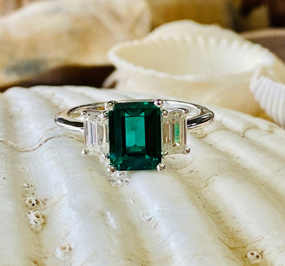 14k Three Stone Emerald Ring, Emerald Engagement Ring, Emerald Cut ...