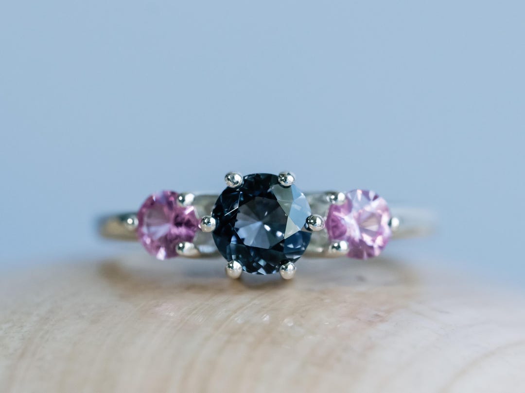 Spinel and Sapphire Three Stone Ring, Natural Gray Spinel, Natural Pink ...