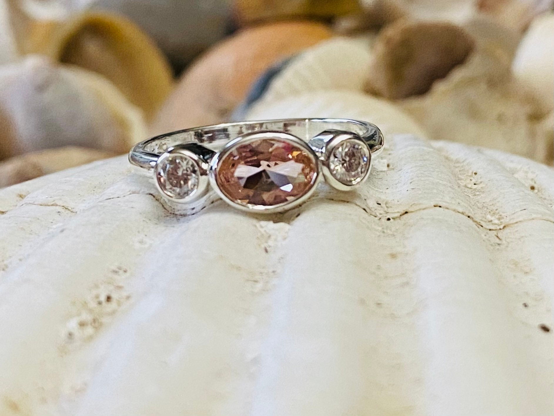 Three Stone Ring Three Stone Bezel Ring Morganite Ring Oval | Etsy