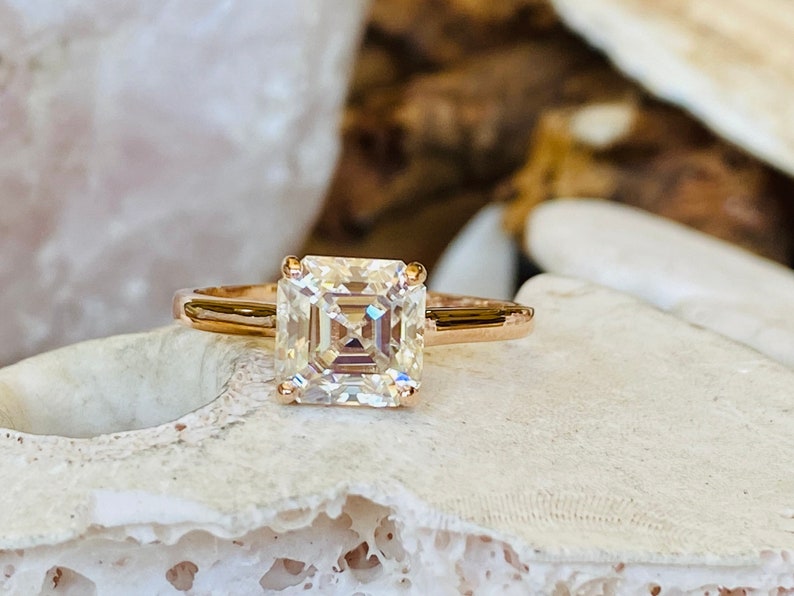 Asscher Cut Moissanite Solitaire Engagement Ring, Asscher Cut Cathedral ...