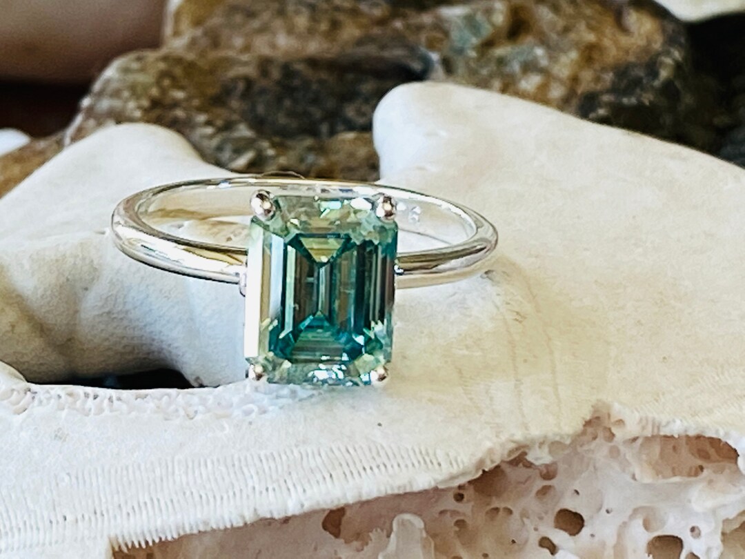 Blue Moissanite Engagement Ring, Blue Moissanite Ring, Emerald Cut ...