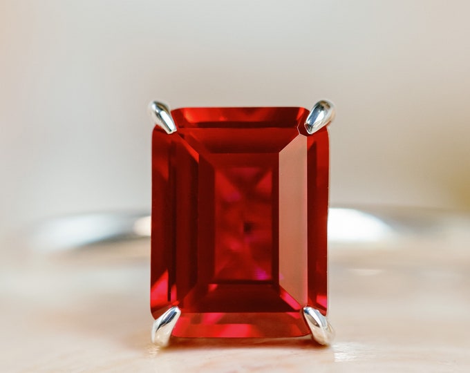 14k Emerald Cut Ruby Ring, Emerald Cut Ruby, Ruby Engagement Ring, Solitaire Setting, Sterling ...