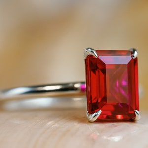 14k Emerald Cut Ruby Ring, Emerald Cut Ruby, Ruby Engagement Ring, Solitaire Setting, Sterling ...