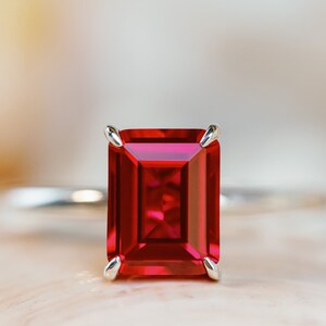 14k Emerald Cut Ruby Ring, Emerald Cut Ruby, Ruby Engagement Ring, Solitaire Setting, Sterling ...