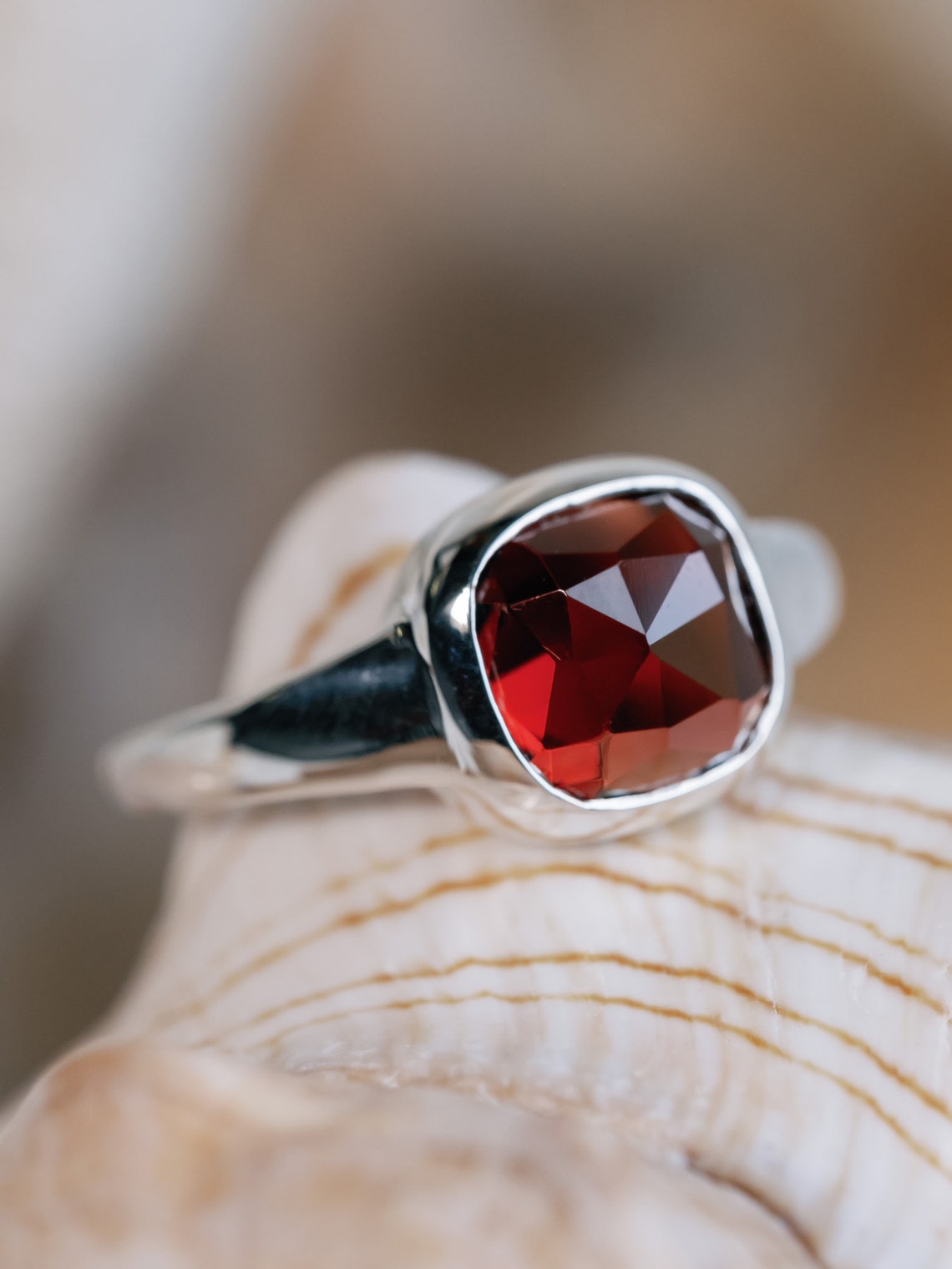 14k Garnet Ring, Cushion Rose Cut Garnet, Cushion Cut Garnet, Garnet ...
