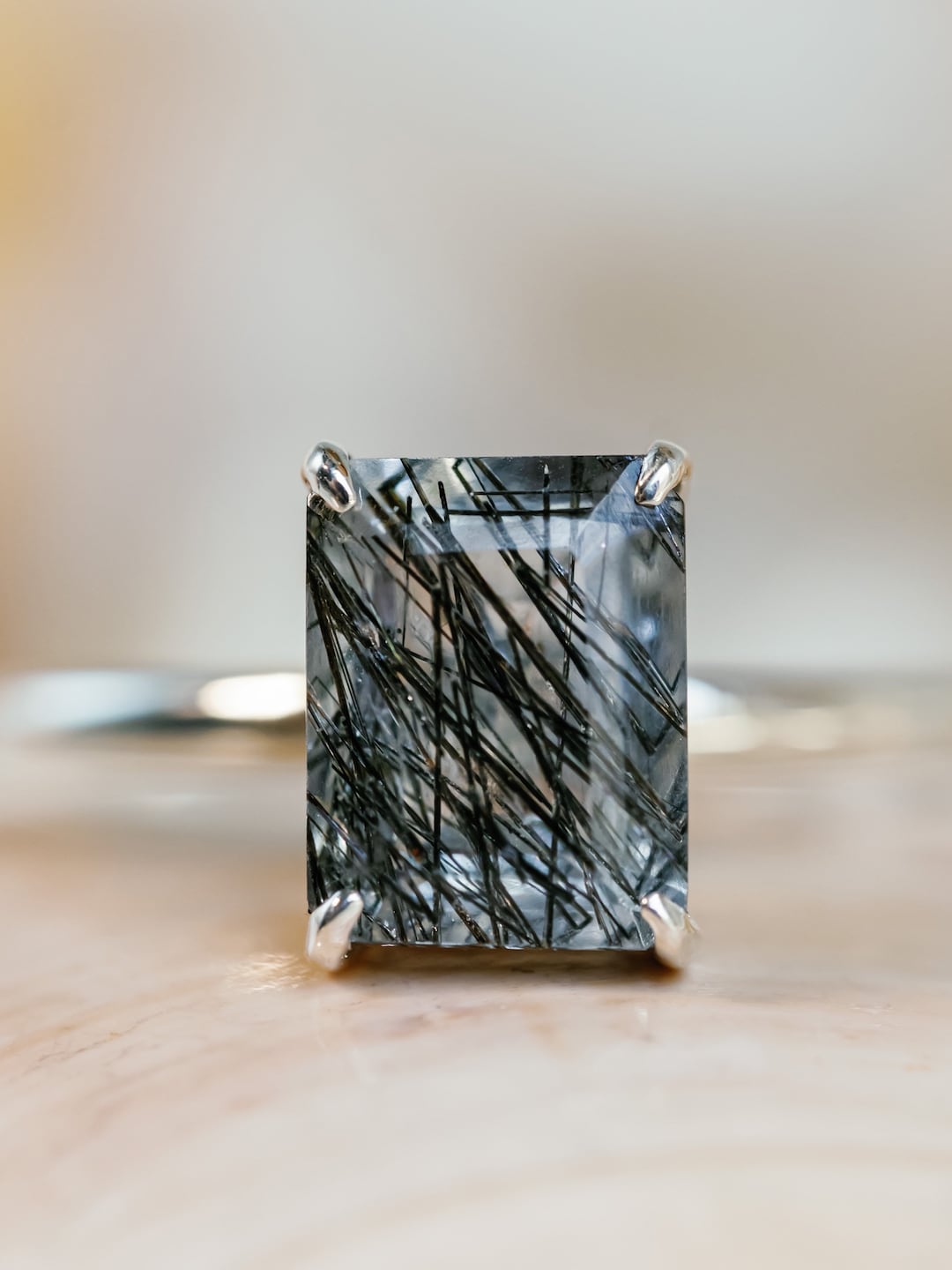 Black Rutilated Quartz Ring, Tourmalinated Quartz Ring, Emerald Cut ...