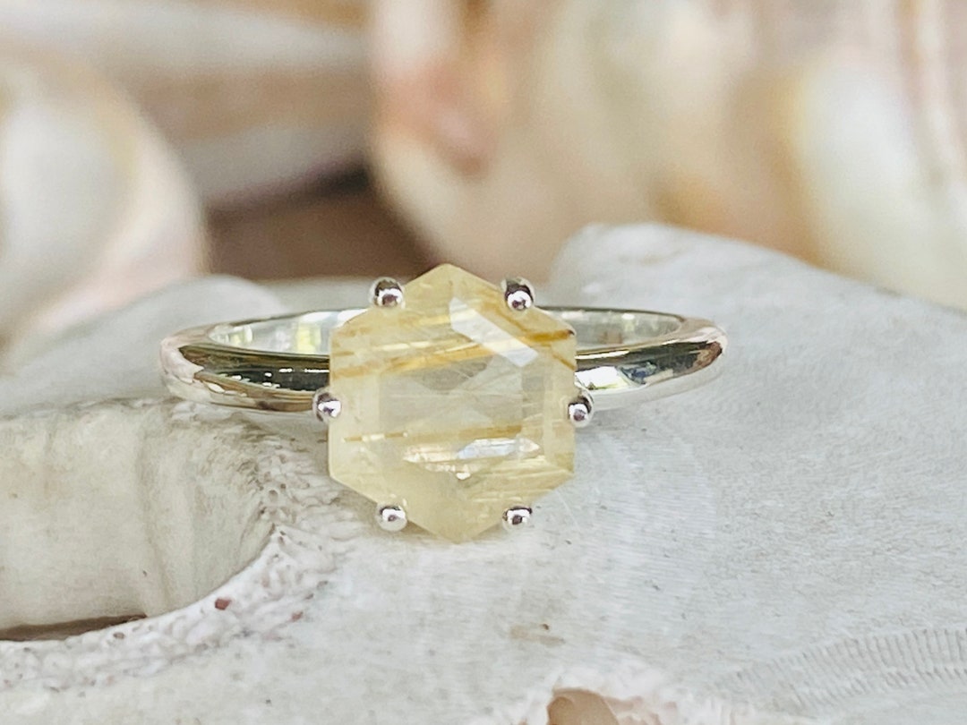 Golden Rutilated Quartz Ring, Tourmalinated Quartz Ring, 8mm Hexagon ...