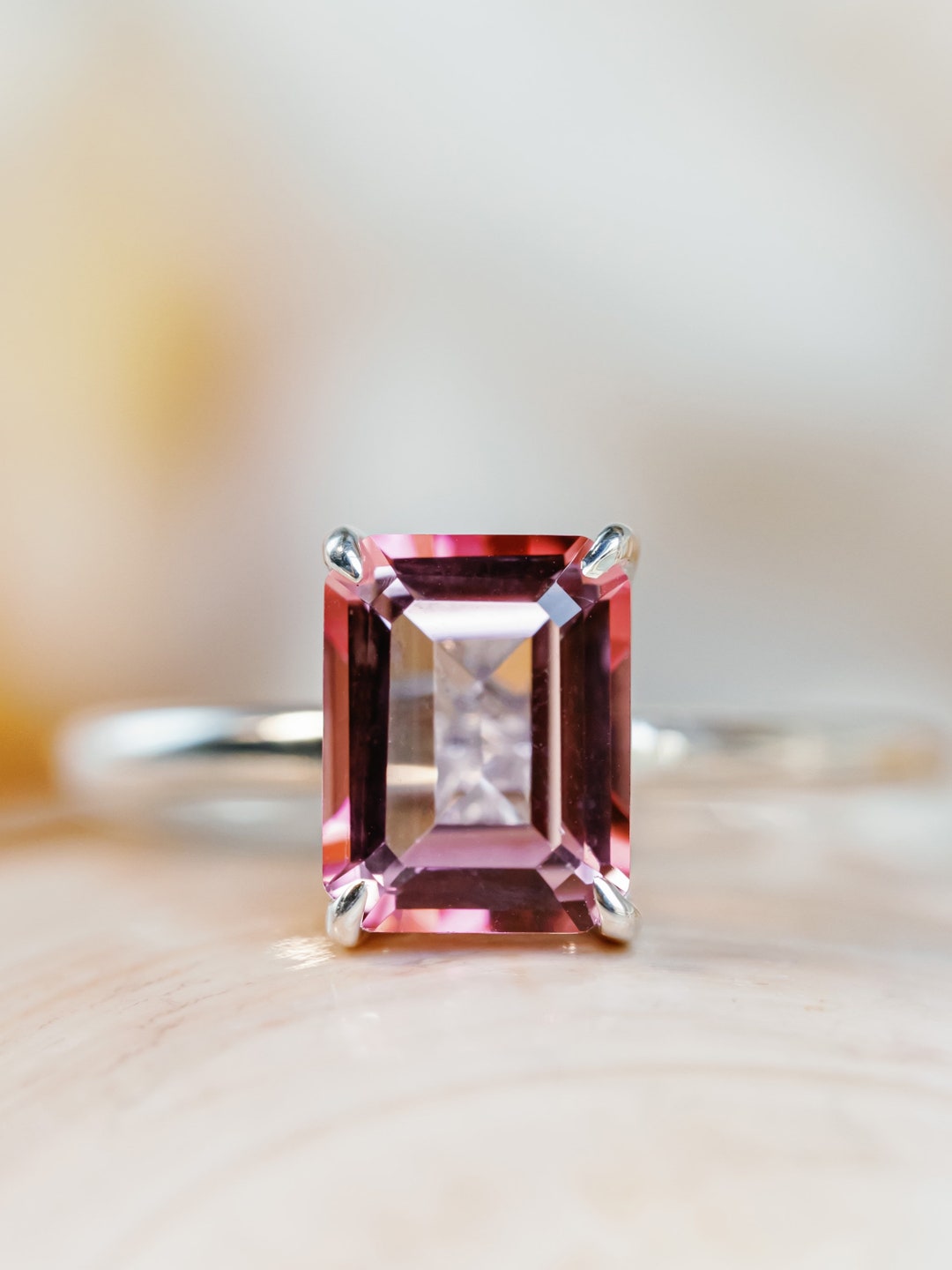 Pink Topaz Ring, Natural Topaz Solitaire Ring, Emerald Cut Pink Topaz ...