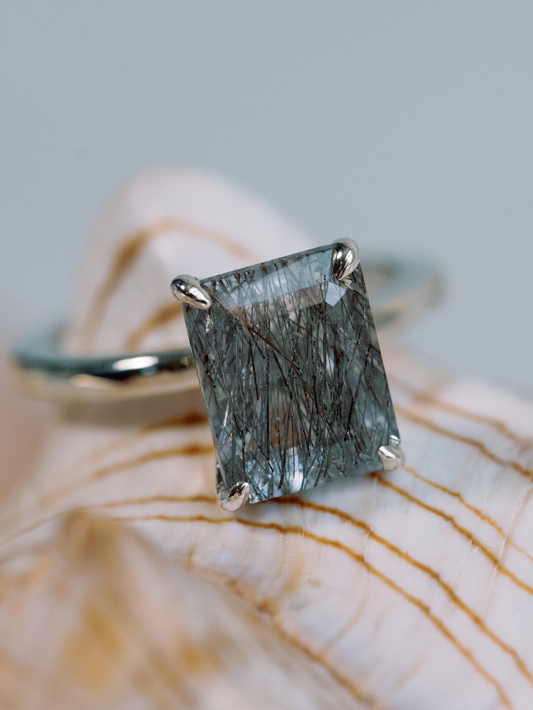 Black Rutilated Quartz Ring, Tourmalinated Quartz Ring, Emerald Cut ...