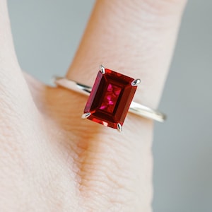 14k Emerald Cut Ruby Ring, Emerald Cut Ruby, Ruby Engagement Ring, Solitaire Setting, Sterling ...