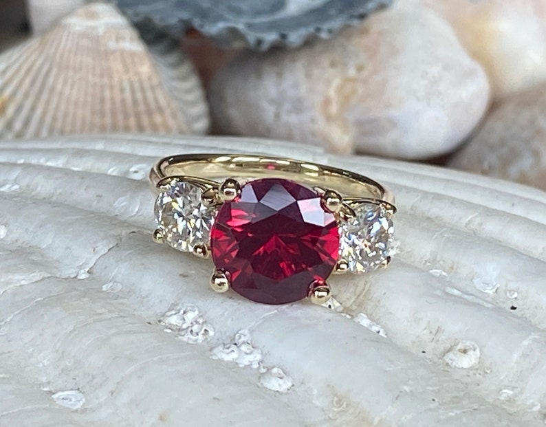14k Ruby Three Stone Engagement Ring, Round Three Stone Engagement Ring ...