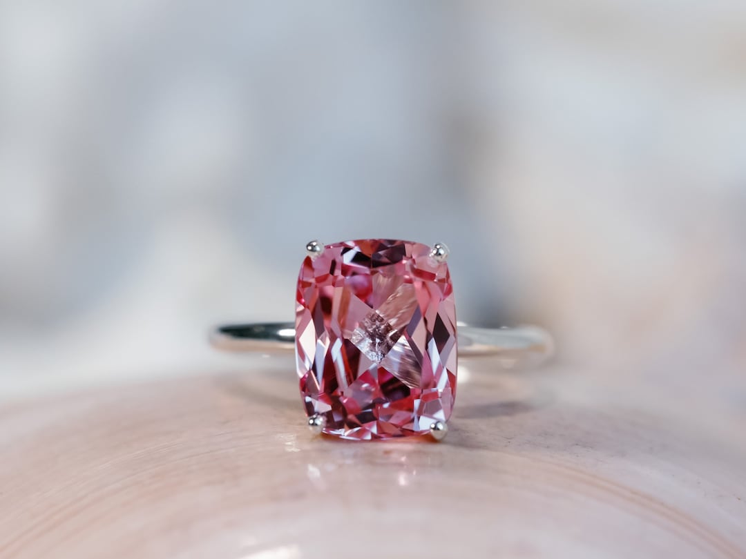 14k Padparadscha Sapphire Ring, Elongated Cushion Pink Sapphire Ring ...